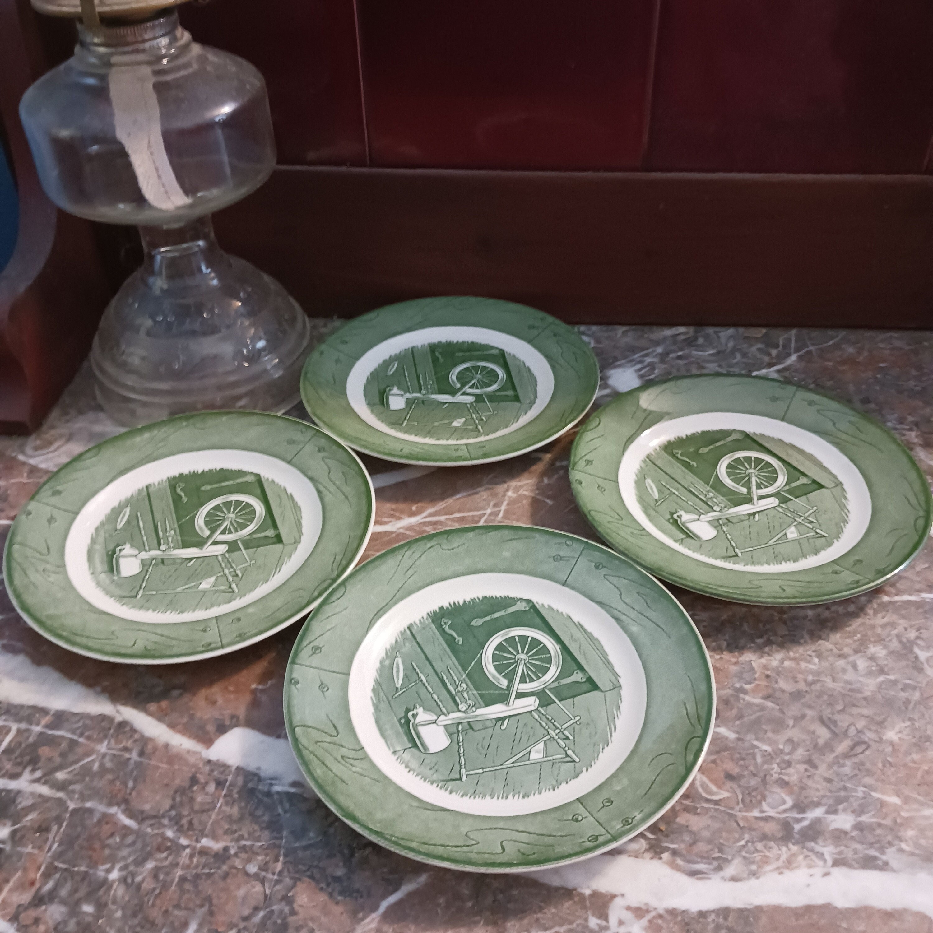 Four Colonial Homestead Bread Plates, Vintage Green Royal Porcelain ...