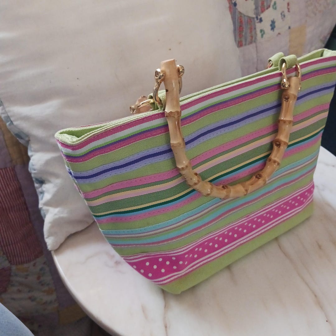 Vintage Tianni Canvas Handbag, Bamboo Handles, 1980s Tropical Style ...
