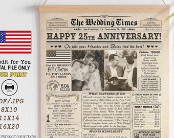 25th Anniversary Gift, Back in 1998 Newspaper Poster Sign, 25th Wedding ...