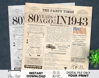 Personalized 1943 80th Birthday Newspaper Back in 1943 Anniversary ...