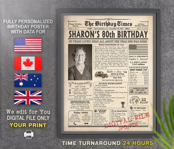 80th Birthday Personalized Gift Custom Newspaper Print 80th - Etsy