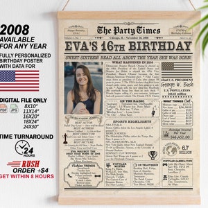 16th Birthday Newspaper Poster Sign, Sweet 16 Birthday Poster AMERICAN ...