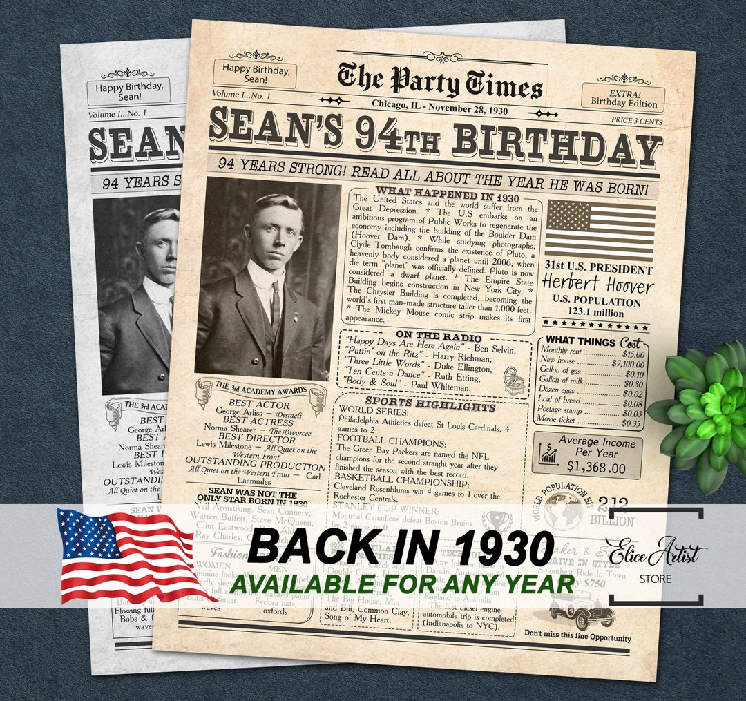 1930 Birthday Poster, 94th Birthday Gift for Men or Women, 94th ...