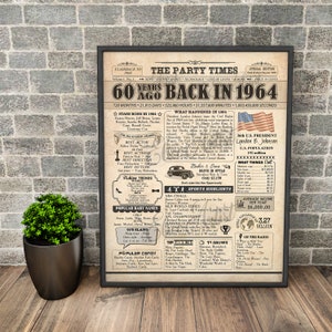 1964 Poster, 60th Birthday Newspaper Sign, 60 Years Ago Back in 1964 ...