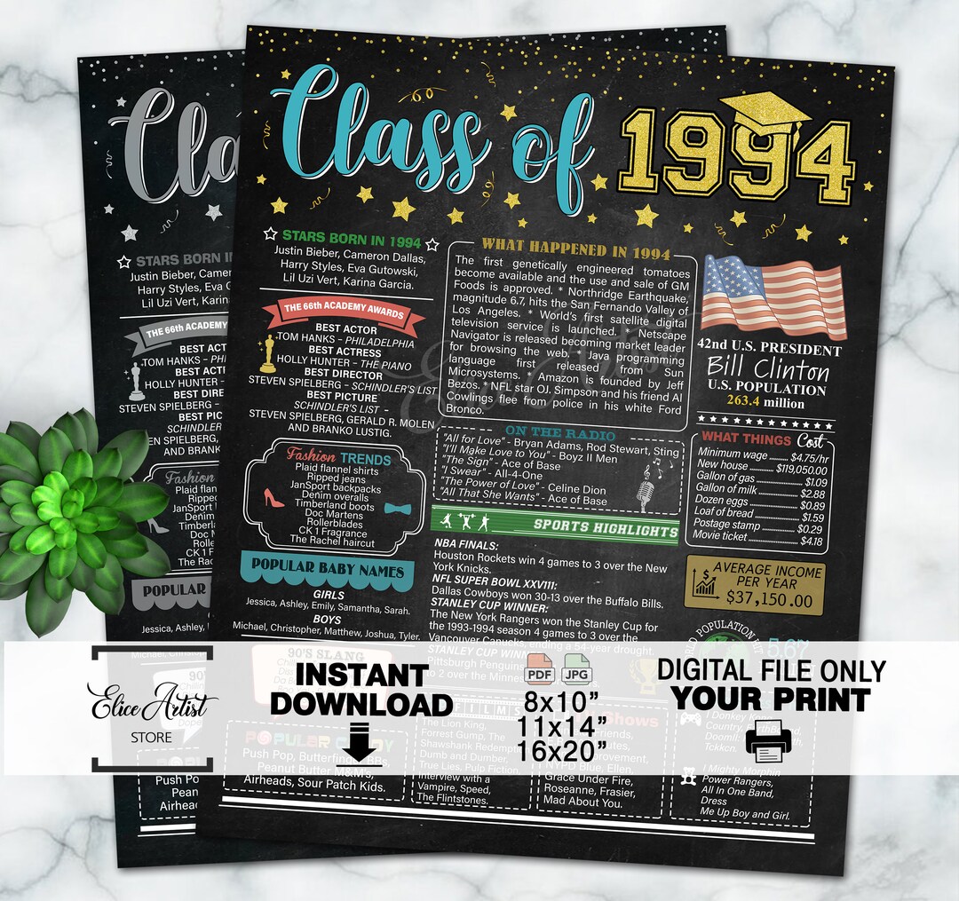 1994 Class Reunion Chalkboard Poster, 30th Class Reunion, 1994 Facts ...