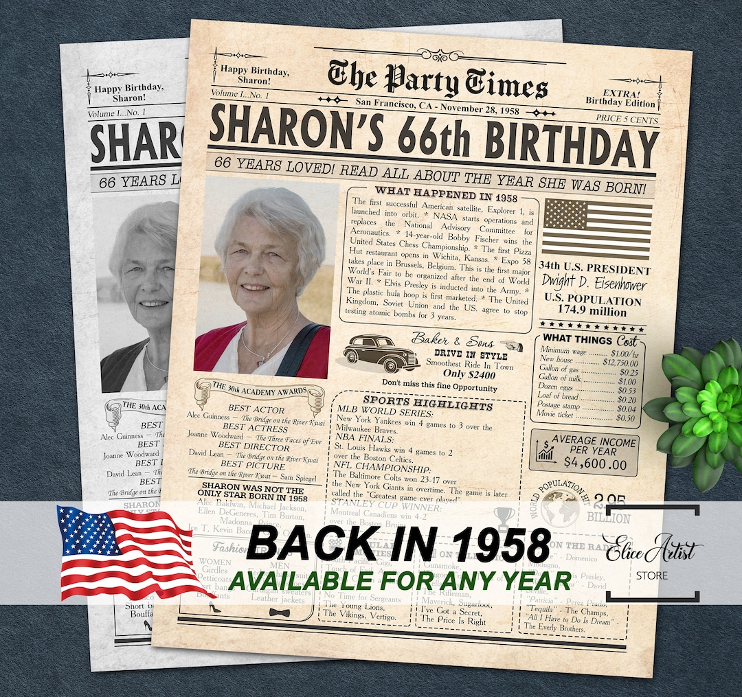 66th Birthday Newspaper, Born in 1958 Poster, Back in 1958 Sign, Gift ...