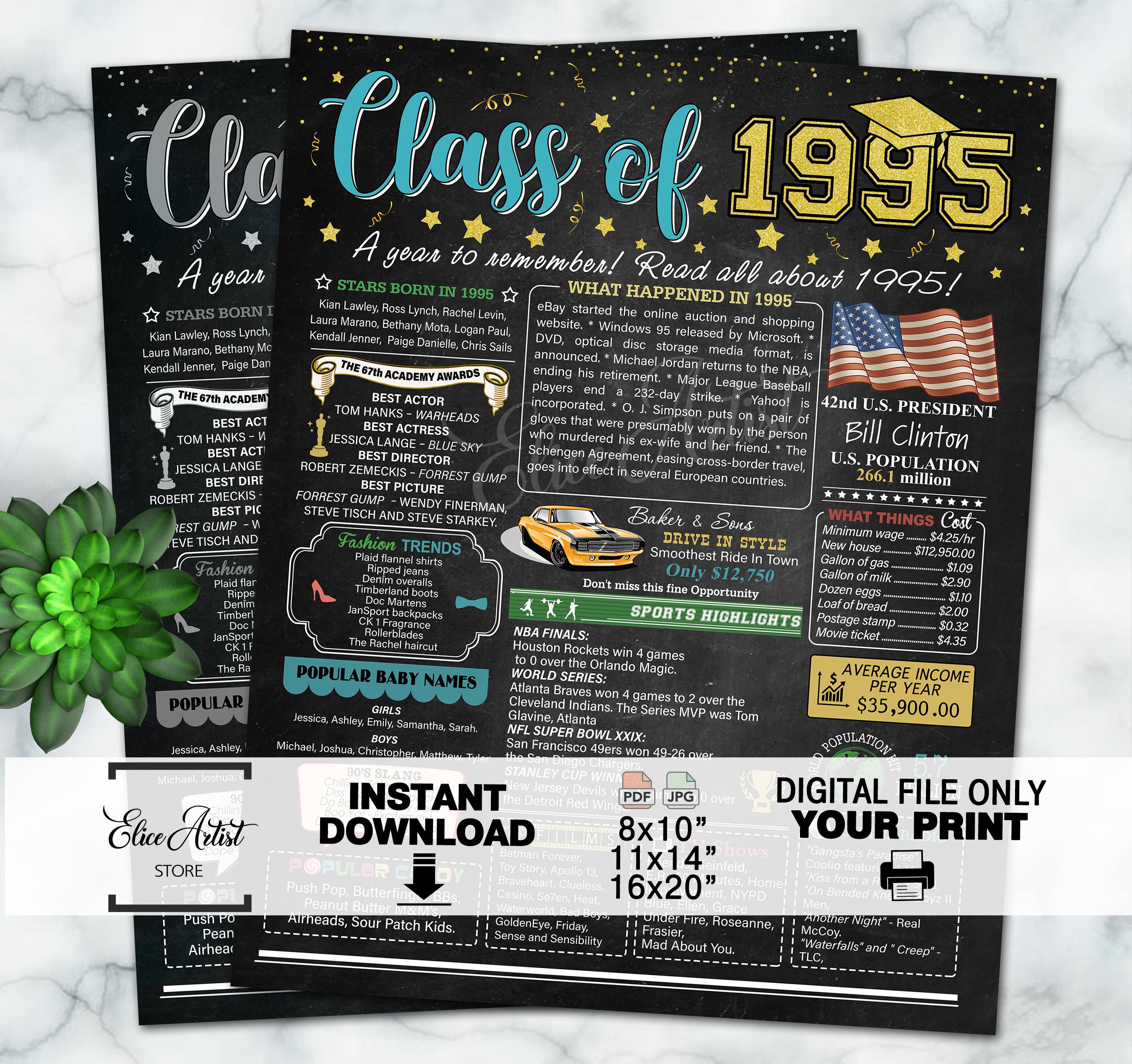 1995 Class Reunion Chalkboard Poster, 30th Class Reunion, 1995 Facts ...