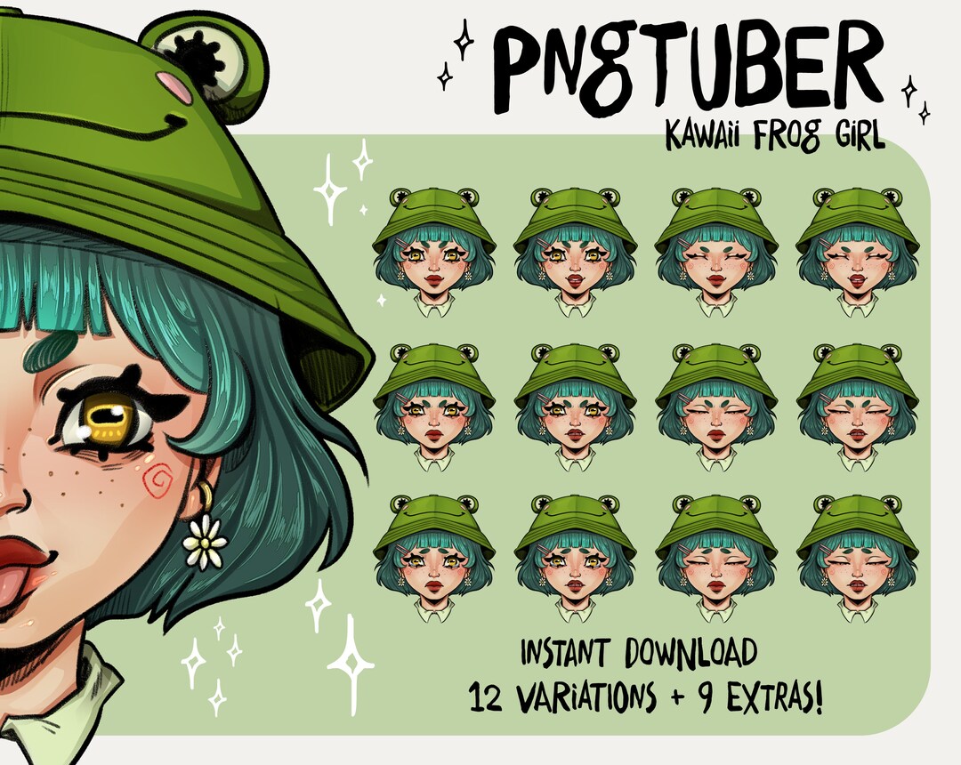 Kawaii Frog Girl Pngtuber Twitch Discord Youtube Veadotube Streaming Vtuber Cute Premade 2D ...