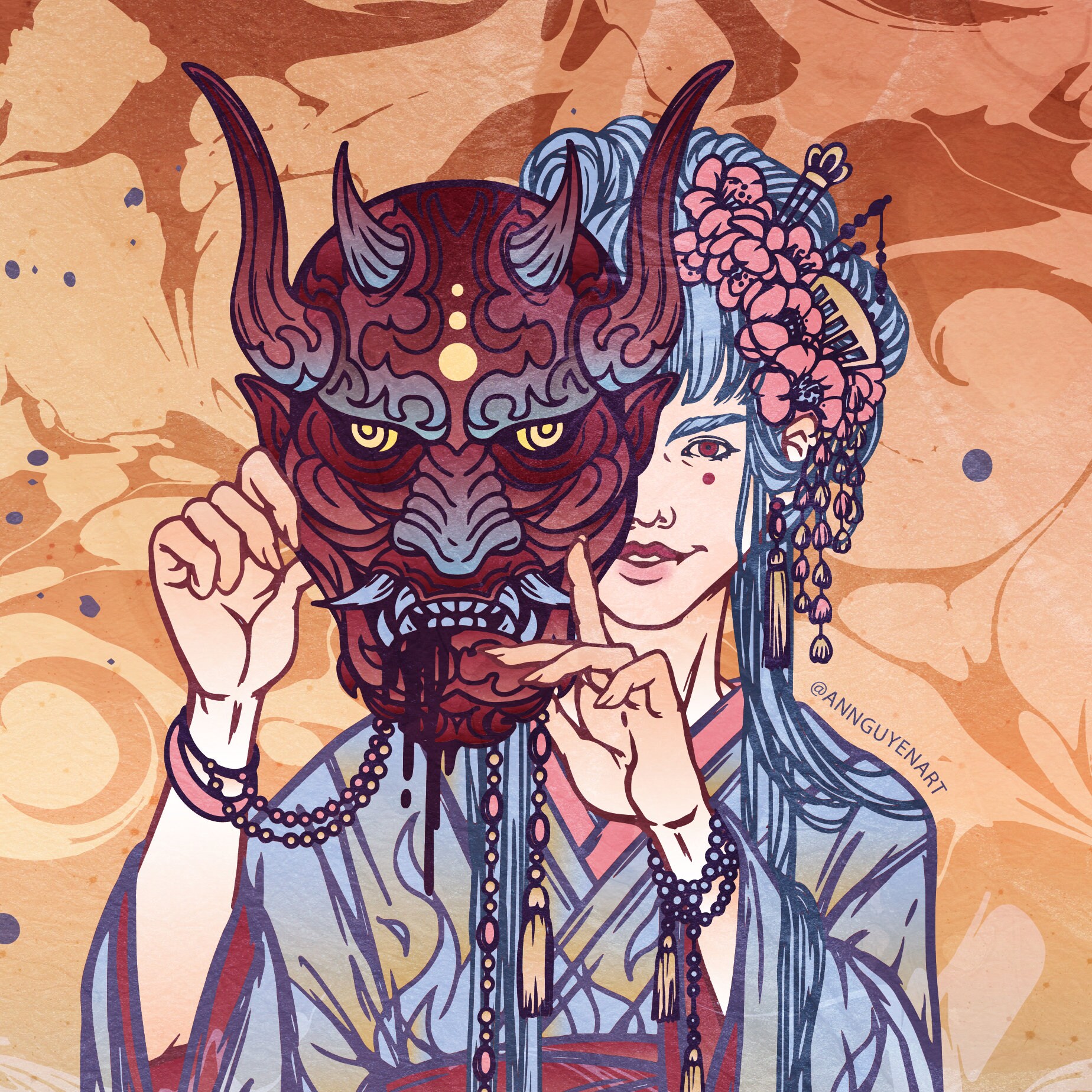Oni Mask Girl Postcard Print Gloss Finish | Etsy
