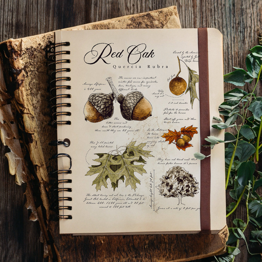 Red Oak Nature Journal Page | Nature Art | Rustic Nature Journal - Etsy