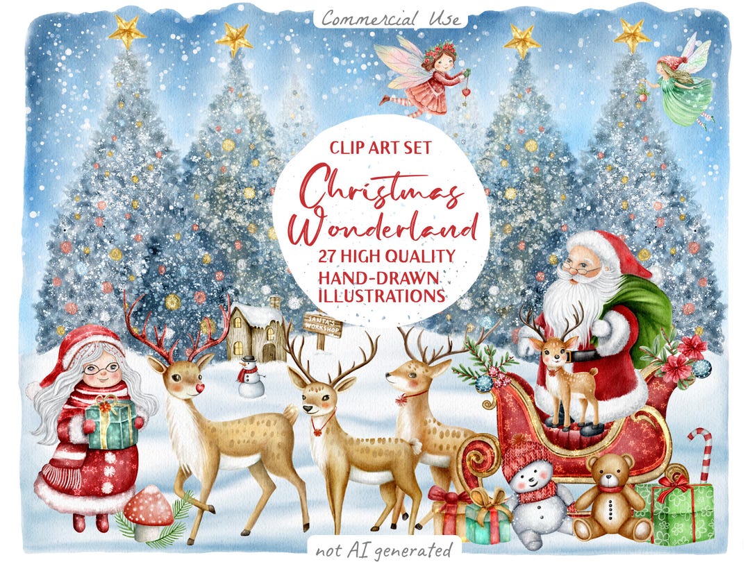 Santa and Reindeer Clip Art, Christmas Clip Art, Winter Wonderland Clip ...