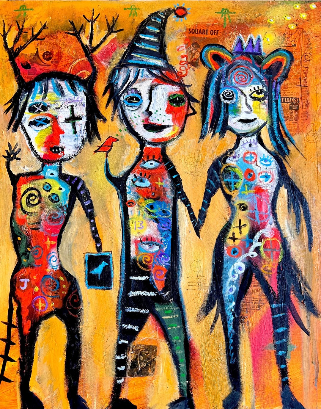 The Little Crown Trickster King Cat Art Contemporary Canvas Birds Folk ...