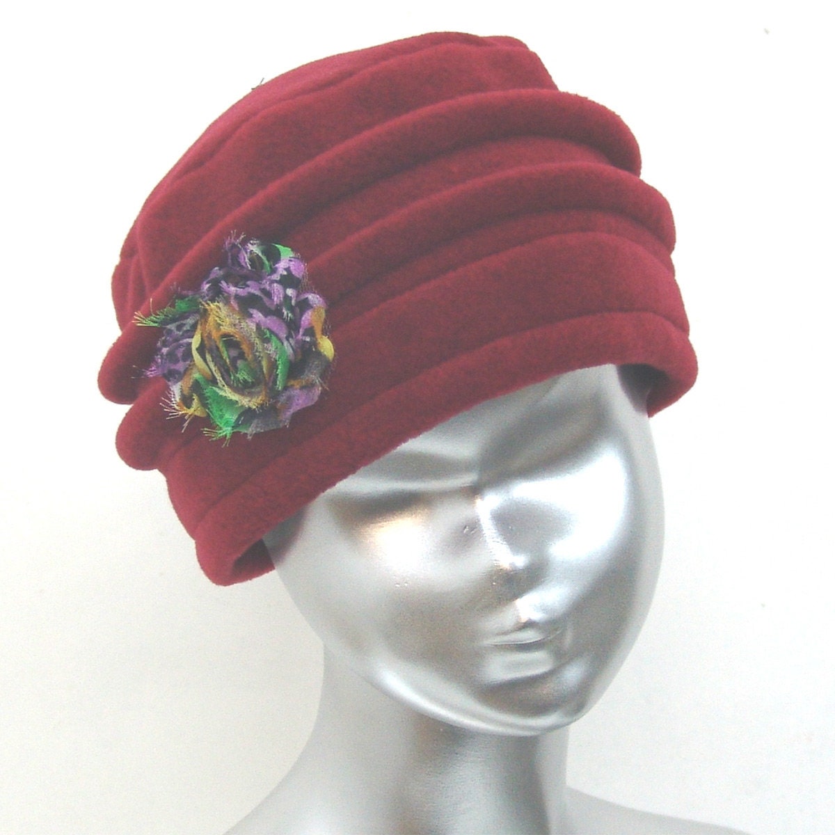 Hat, Red Women's Fleece Toque. 5 Colors of Fabric Flowers Available, 2 ...