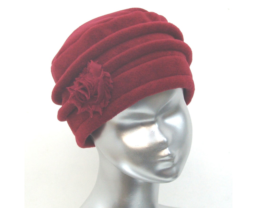 Hat, Red Women's Fleece Toque. 5 Colors of Fabric Flowers Available, 2 ...