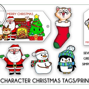 Cute Characters Christmas Tags Santa Reindeer Polar Bear Penguin ...