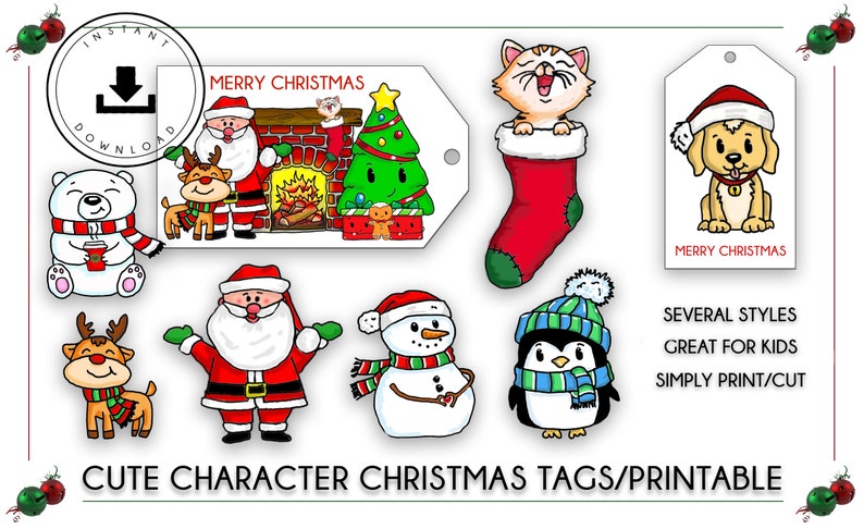 Cute Characters Christmas Tags Santa Reindeer Polar Bear - Etsy