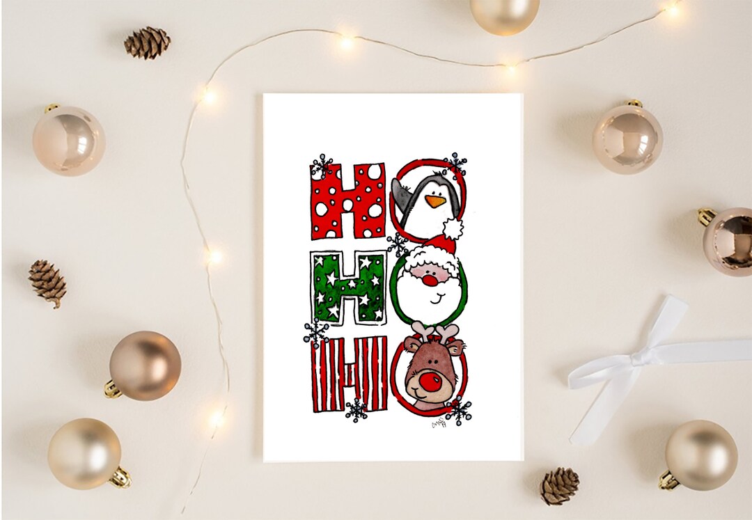 Personalized Watercolor Christmas Card Cute Characters HO HO HO ...