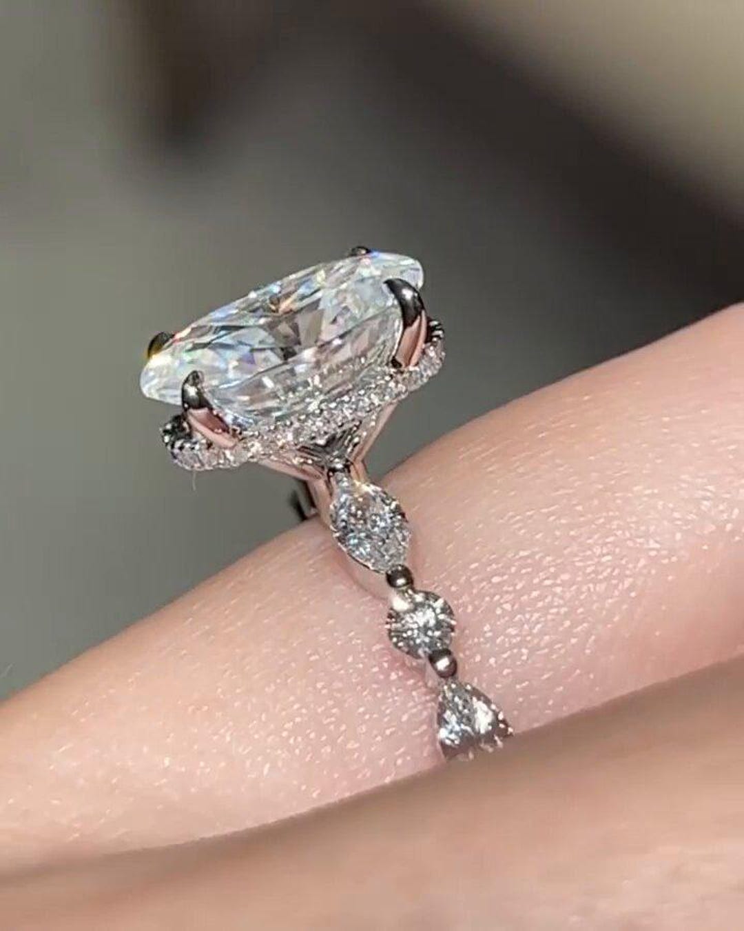 3.0CT Oval Moissanite Engagement Ring White Gold Ring Side Marquise ...