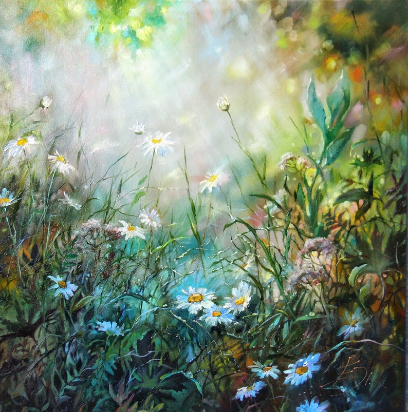 Landscape forest Daisies Oil Painting on Canvas Summer | Etsy