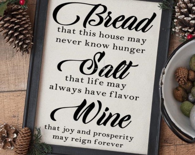 Bread, Salt, Wine Quote on Reverse Canvas Wall Hanging, for New Home ...