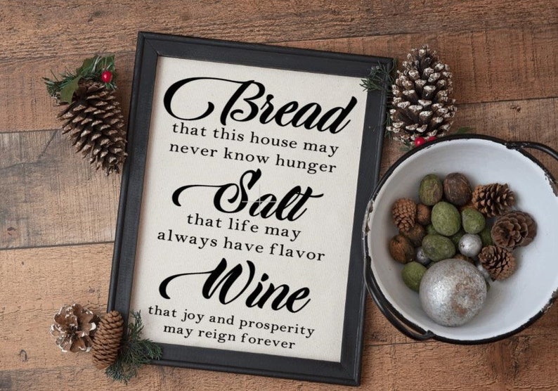 Bread, Salt, Wine Quote on Reverse Canvas Wall Hanging, for New Home ...