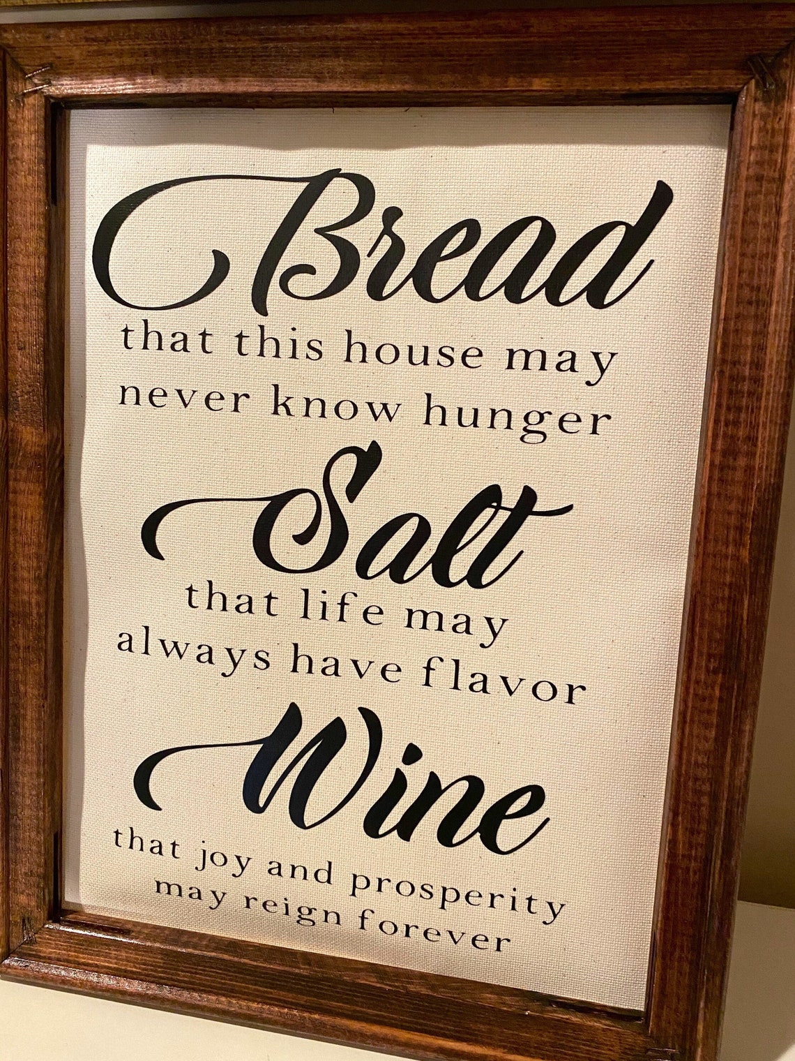 Bread, Salt, Wine Quote on Reverse Canvas Wall Hanging, for New Home ...