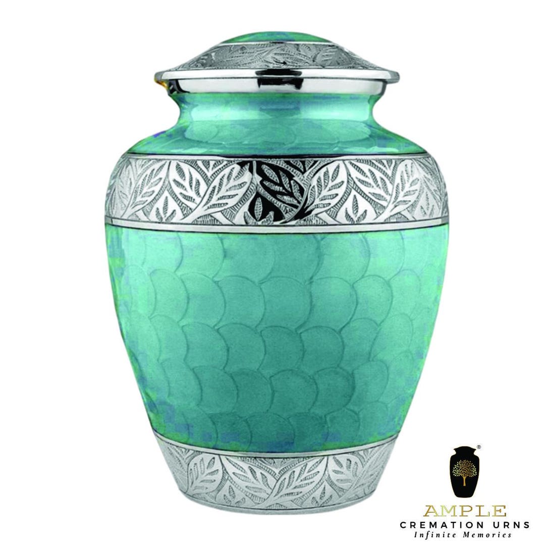 Turquoise & Silver Leaf Engraved Cremation Urn – Adult Funeral Ashes ...