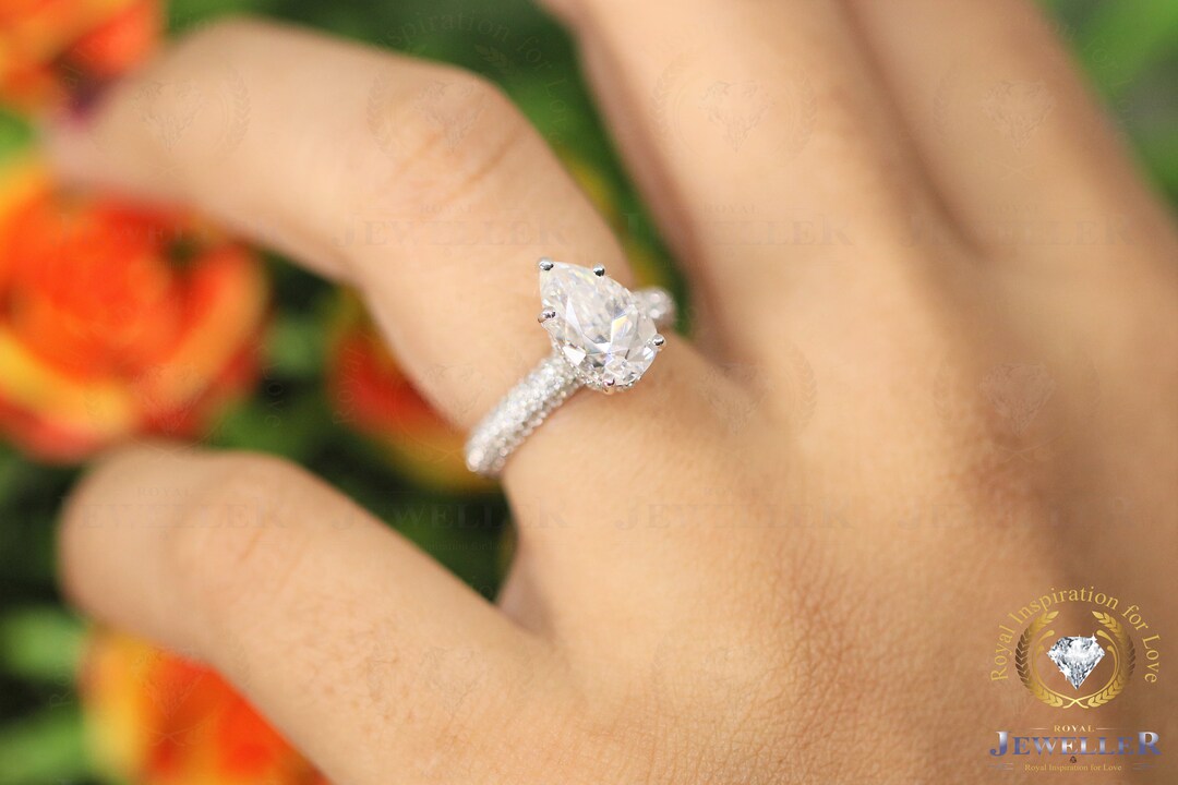 4.71ctw Pear Cut Hidden Halo Colorless Moissanite Engagement Ring ...