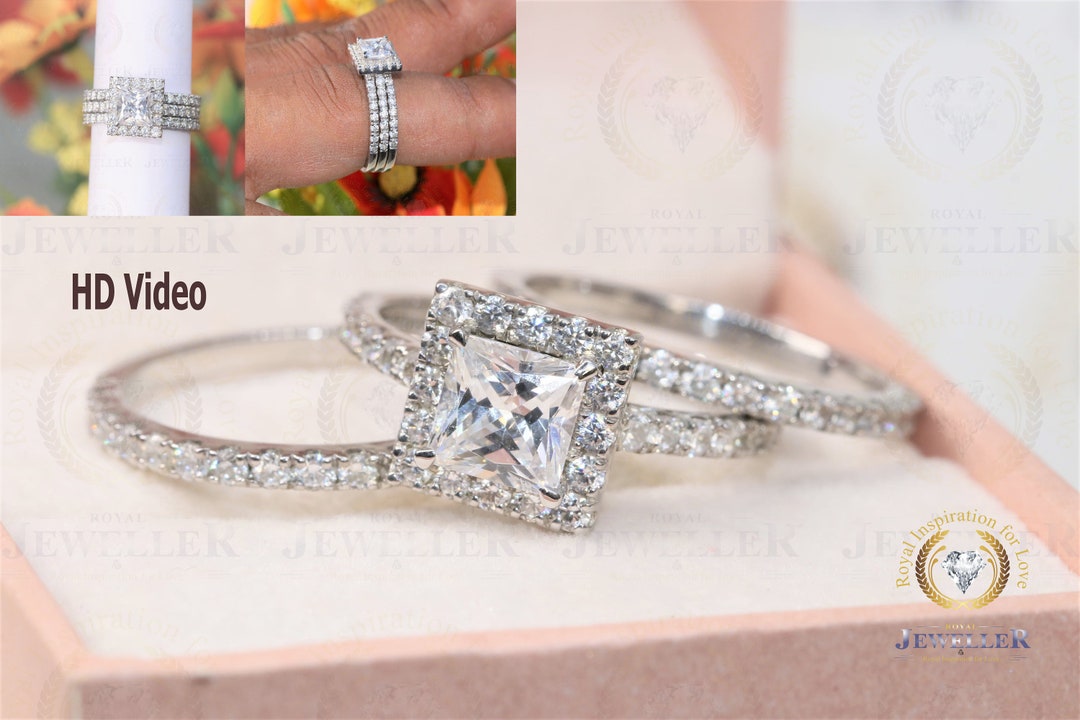 Princess Colorless Halo Ring Set for Gift ,4.21CTW Moissanite ...