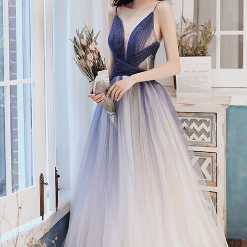 Blue Starry Prom Dress Super Glitter Evening Dress Sexy V | Etsy