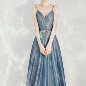 Blue Starry Prom Dress Super Glitter Evening Dress Sexy V Banquet Dress ...