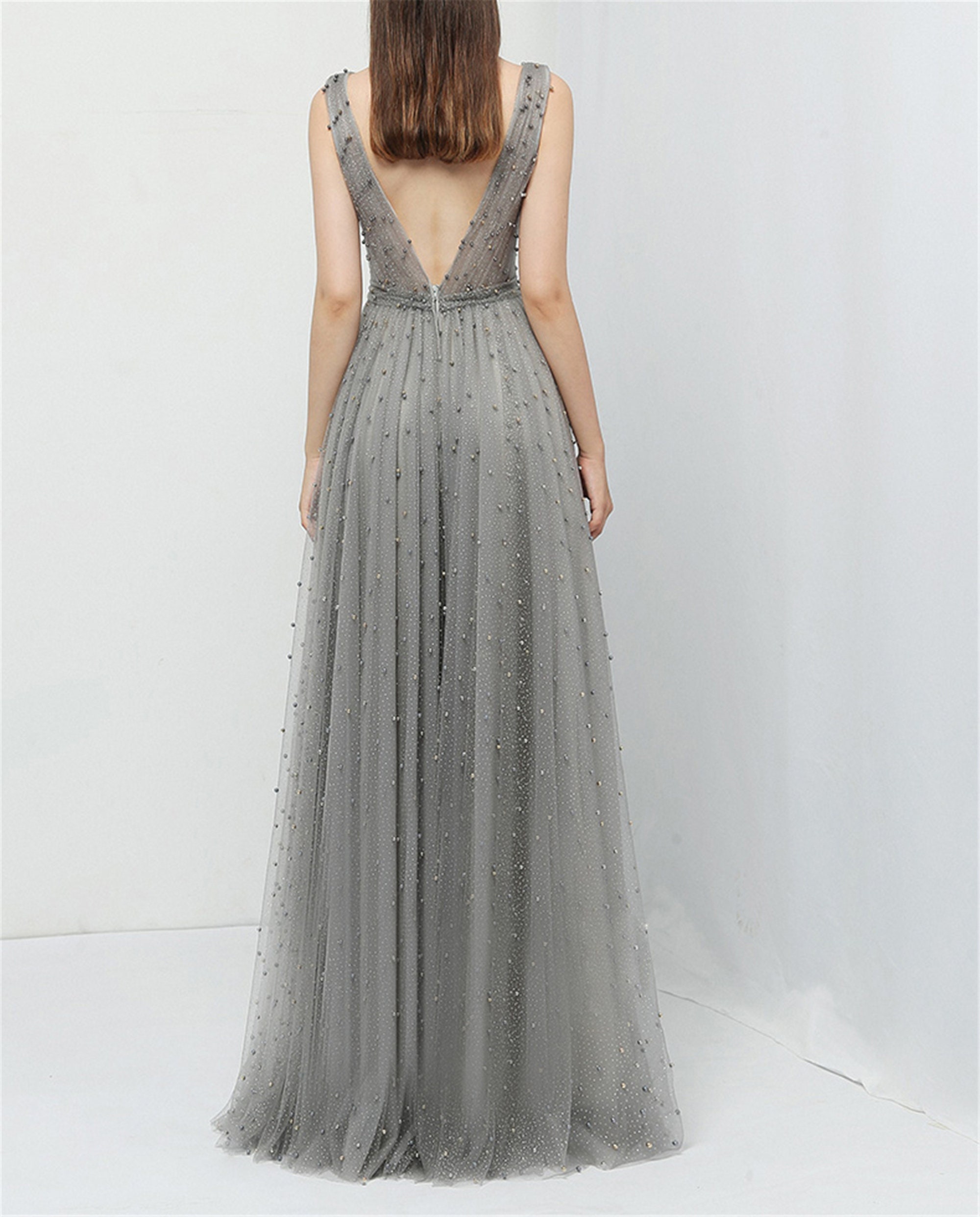 Sexy Deep V Prom Dress Smoky Gray Long Evening Dress Glitter - Etsy