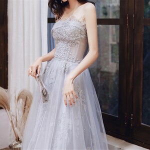 Silver Gray Prom Dress Strapless Long Evening Dress Girls - Etsy