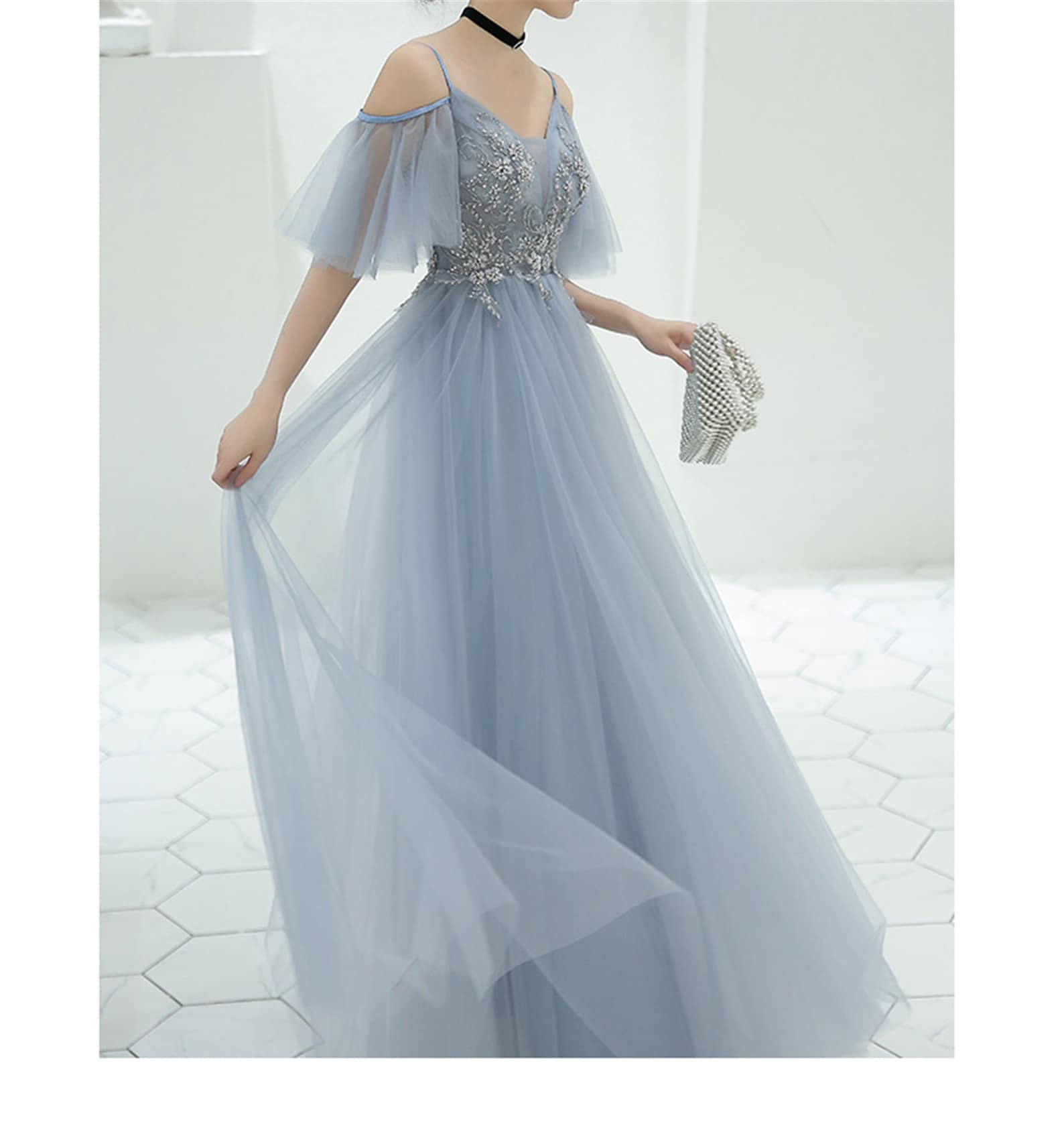 Elegant Blue Prom Dress Long V Neck Evening Dress Beading | Etsy