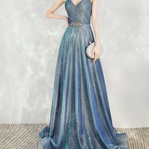 Blue Starry Prom Dress Super Glitter Evening Dress Sexy V Banquet Dress ...