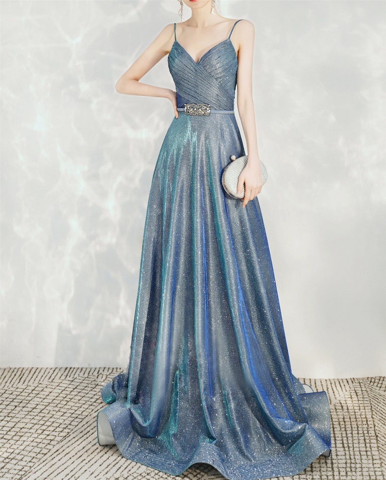 Blue Starry Prom Dress Super Glitter Evening Dress Sexy V | Etsy