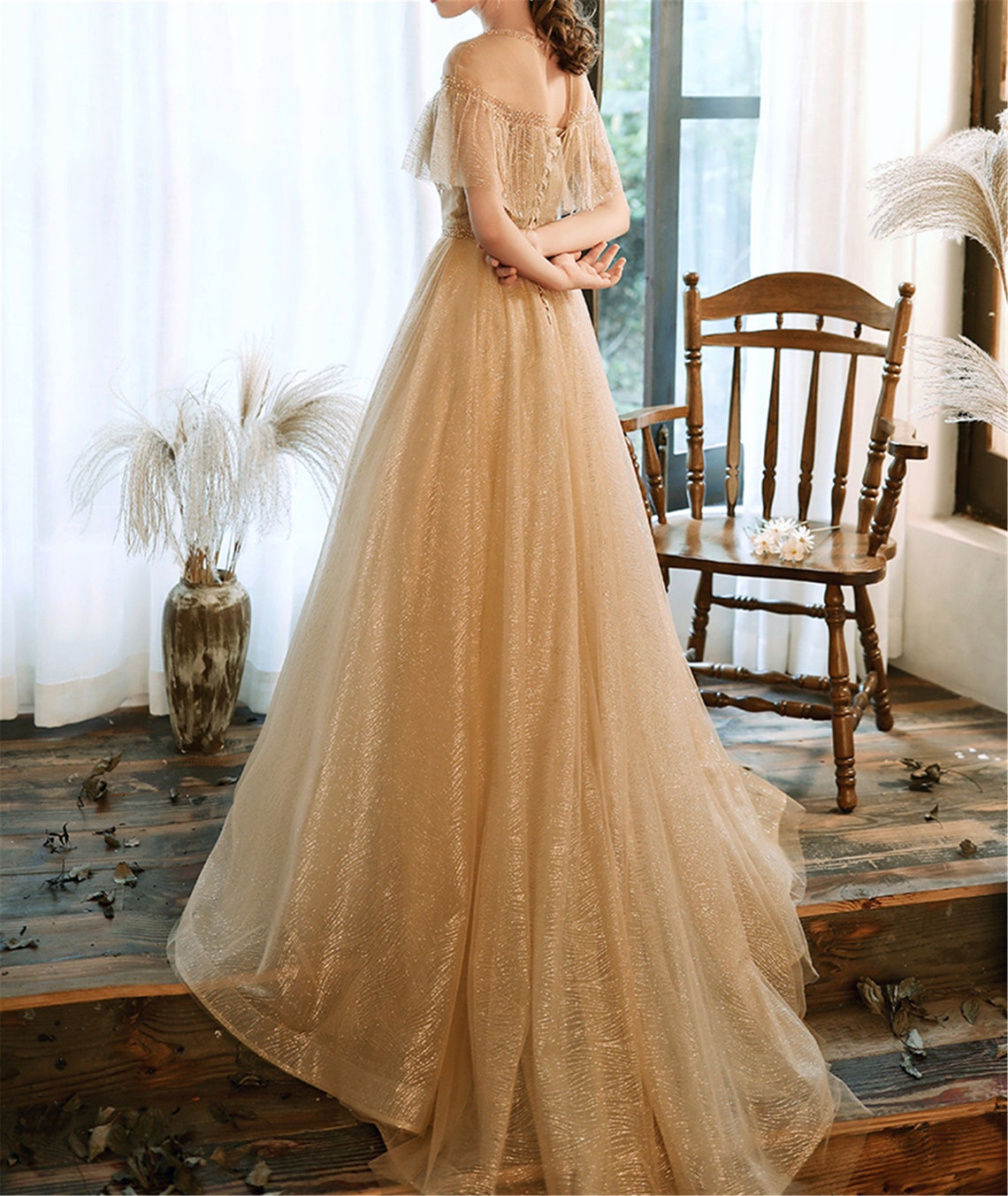 Glitter Prom Dress Long Evening Dress Golden Banquet Dress | Etsy