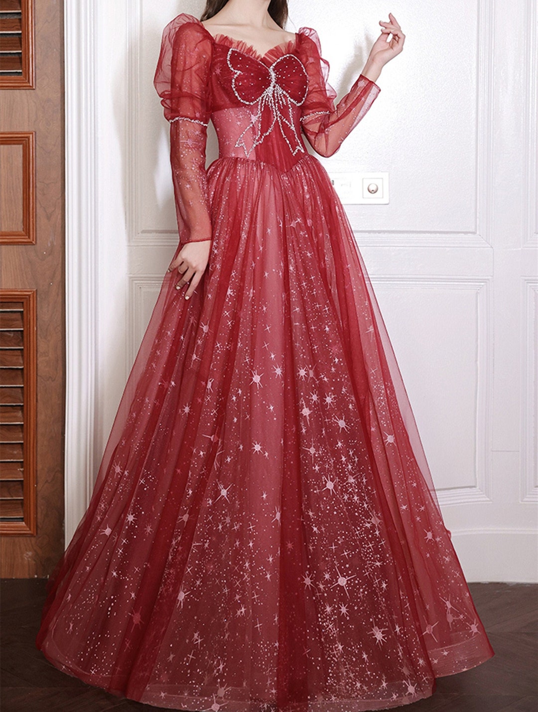 Wine Red Starry Prom Ball Gown Sparkly Long Evening Dress Bow Beading ...