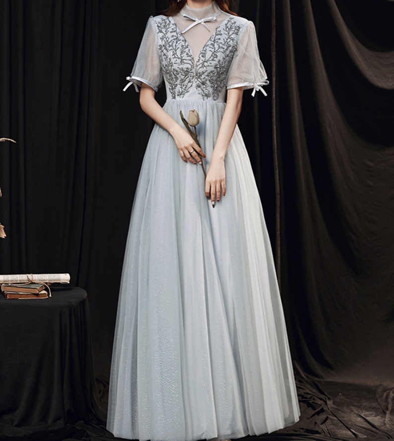 Fresh Blue Gray Prom Dress Illusion Deep V Party Dress Long - Etsy