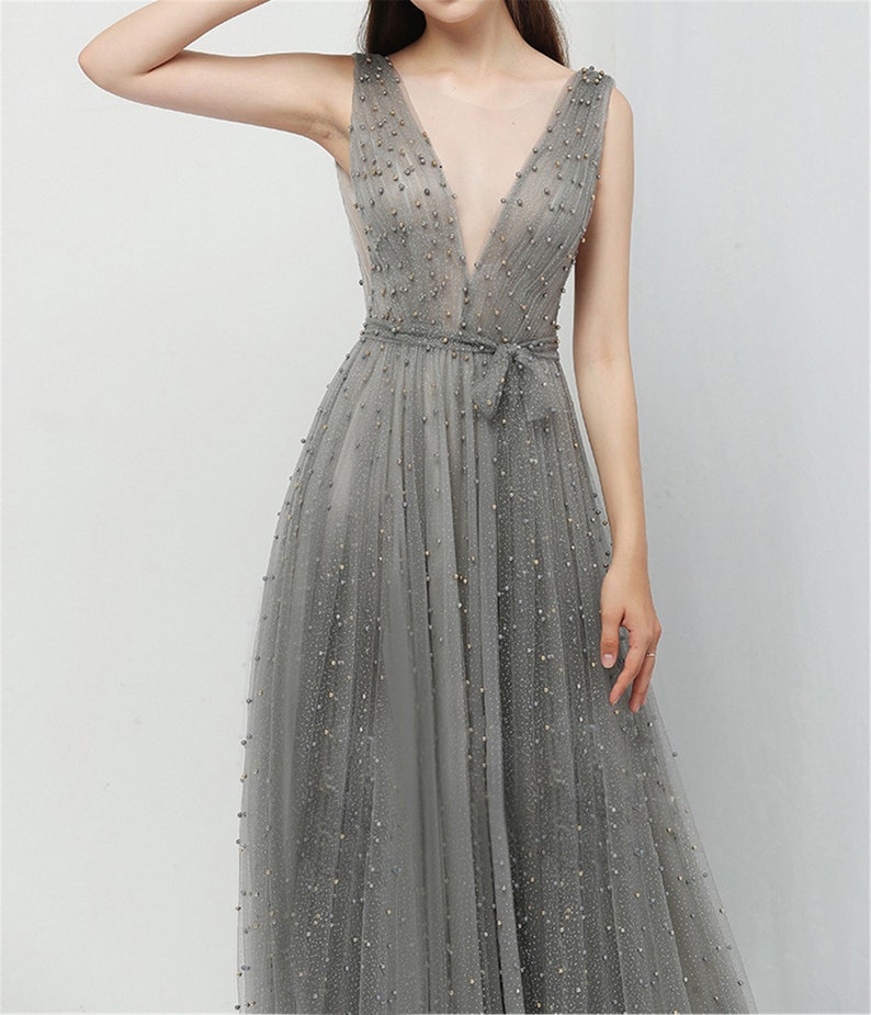 Sexy Deep V Prom Dress Smoky Gray Long Evening Dress Glitter - Etsy