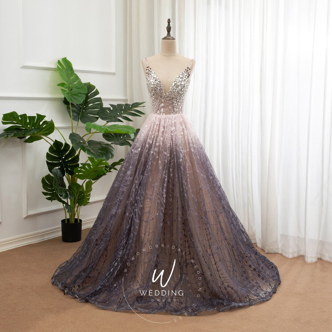 Gradient Prom Ball Gown, Luxury Rhinestone Bridal Dress, Strapless ...