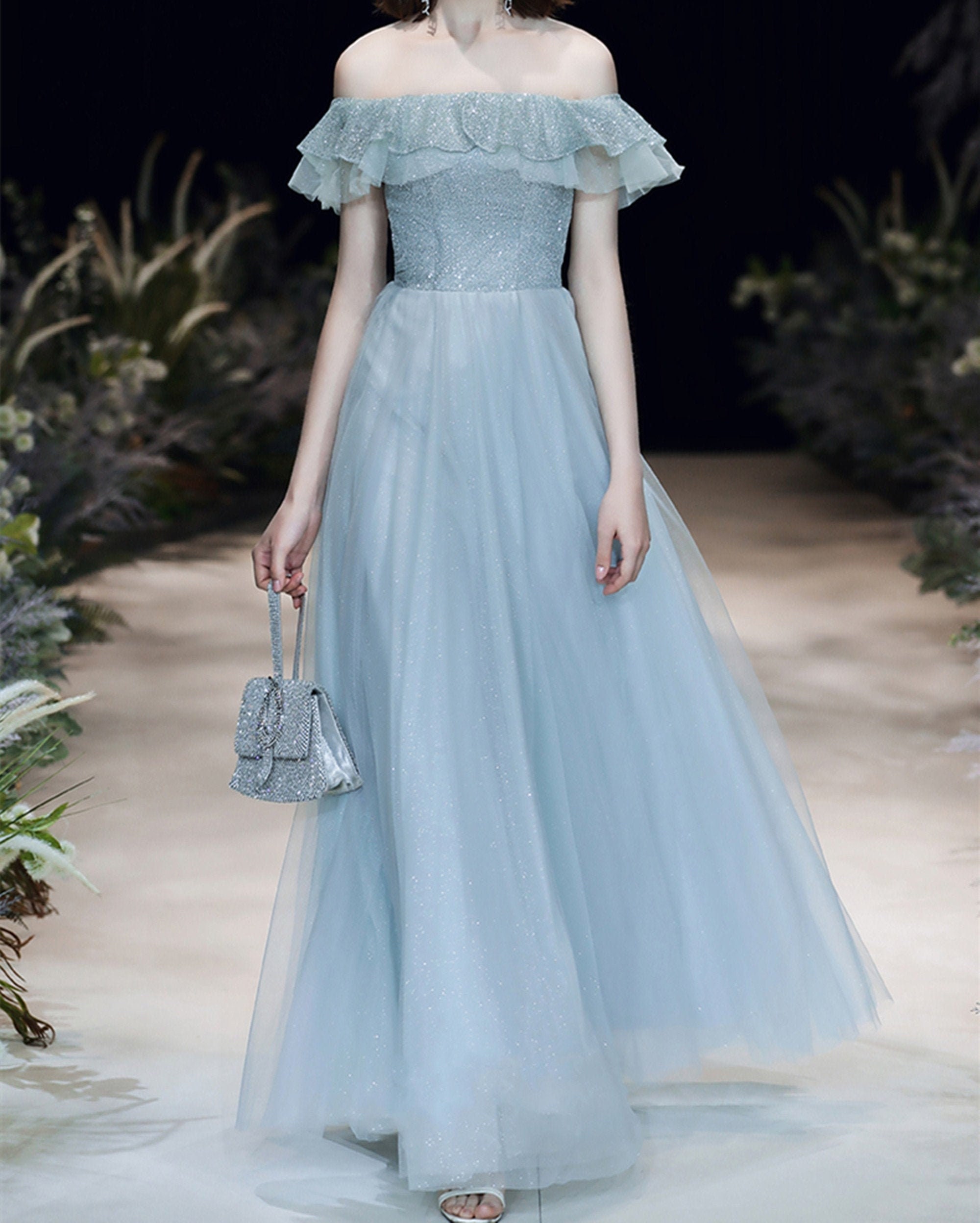 Ruffle off Shoulder Prom Dress Sparkly Long Evening Dress Sky | Etsy