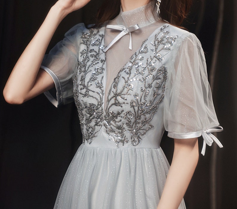 Fresh Blue Gray Prom Dress Illusion Deep V Party Dress Long - Etsy
