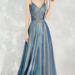 Blue Starry Prom Dress Super Glitter Evening Dress Sexy V Banquet Dress ...
