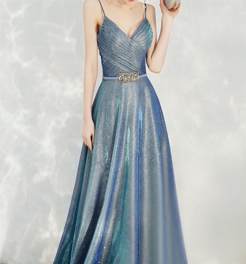 Blue Starry Prom Dress Super Glitter Evening Dress Sexy V - Etsy