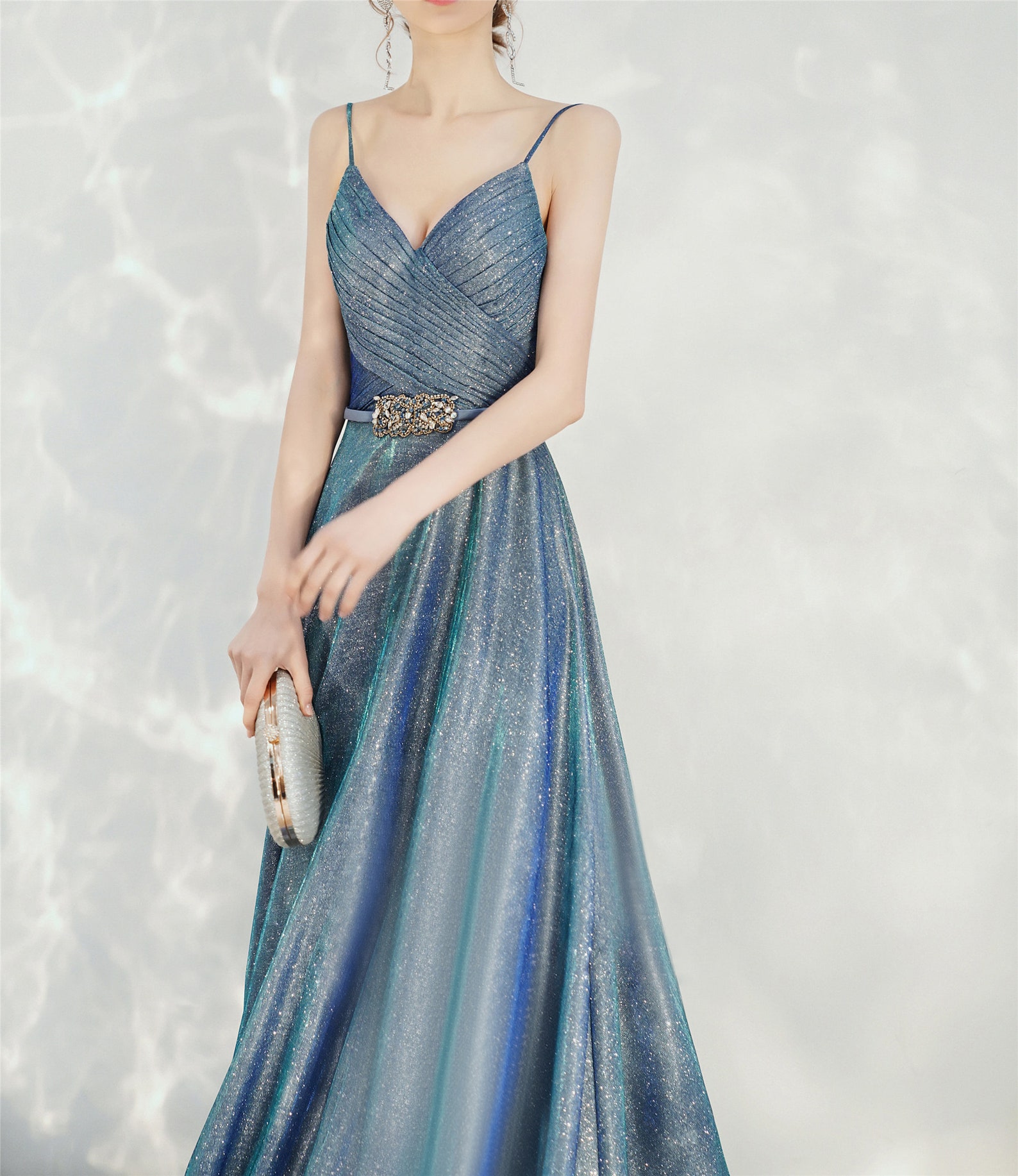 Blue Starry Prom Dress Super Glitter Evening Dress Sexy V - Etsy