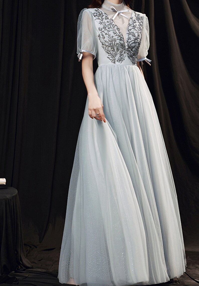 Fresh Blue Gray Prom Dress Illusion Deep V Party Dress Long - Etsy