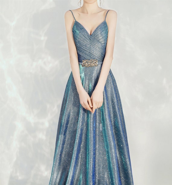 Blue Starry Prom Dress Super Glitter Evening Dress Sexy V | Etsy