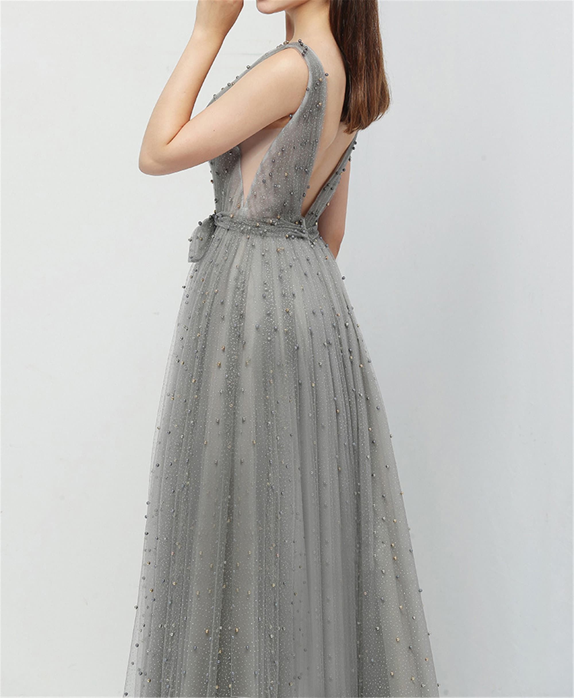 Sexy Deep V Prom Dress Smoky Gray Long Evening Dress Glitter - Etsy