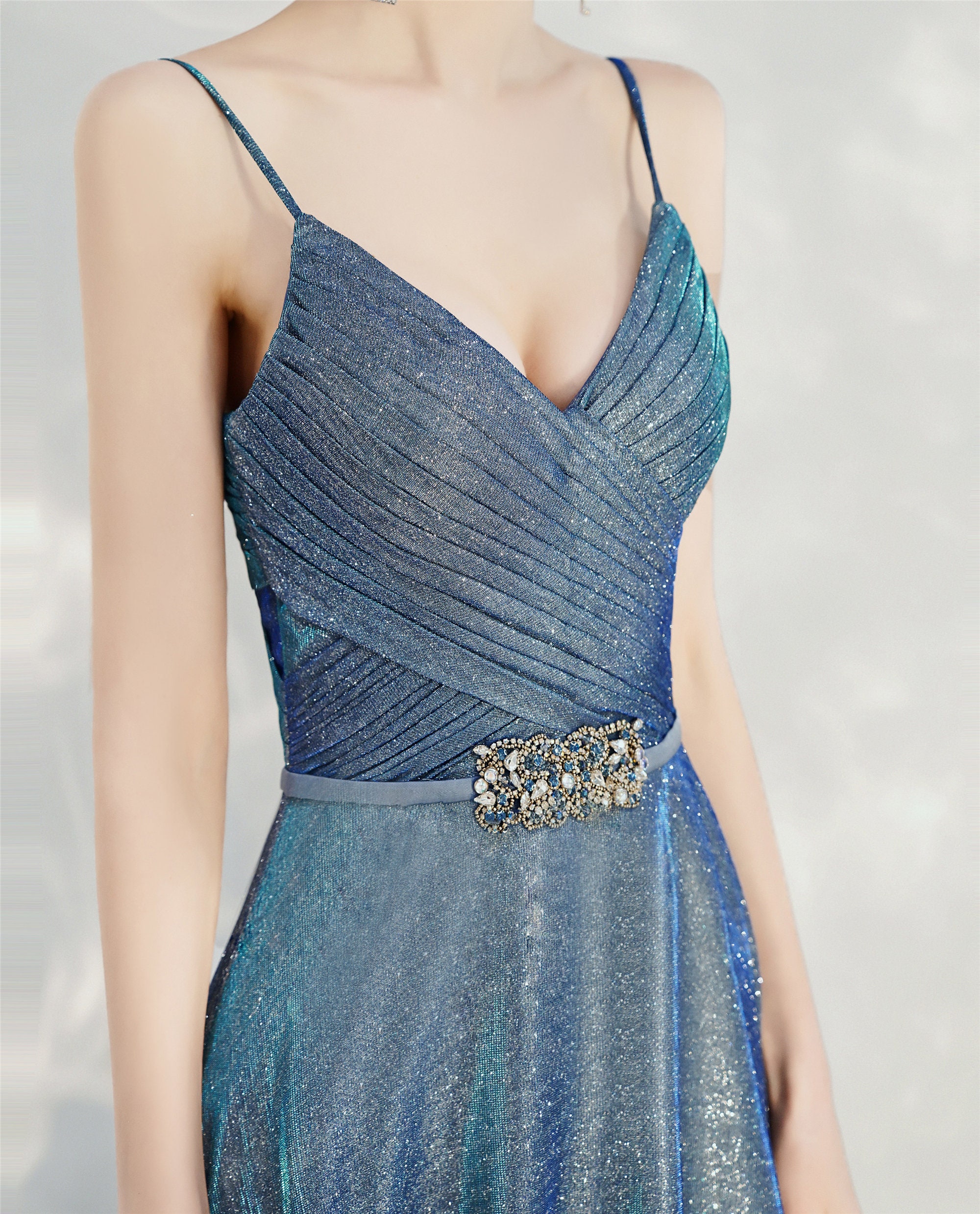 Blue Starry Prom Dress Super Glitter Evening Dress Sexy V | Etsy